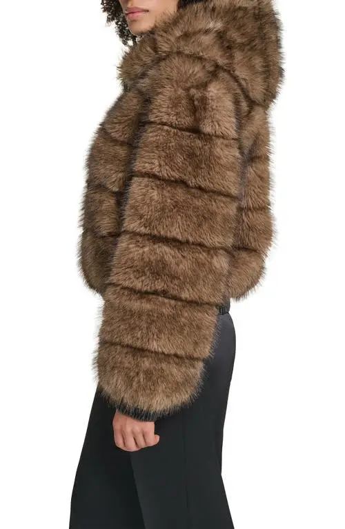 Karl Lagerfeld Paris Hooded Grooved Faux Fur Jacket