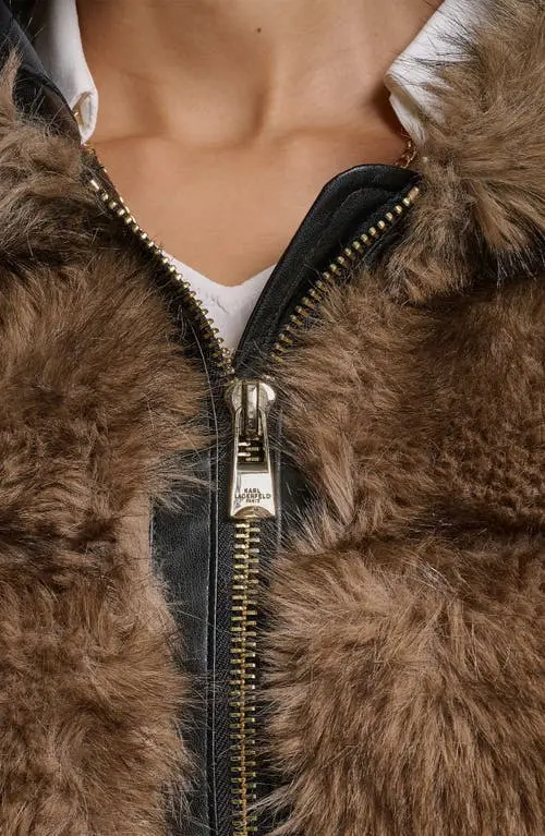 Karl Lagerfeld Paris Hooded Grooved Faux Fur Jacket