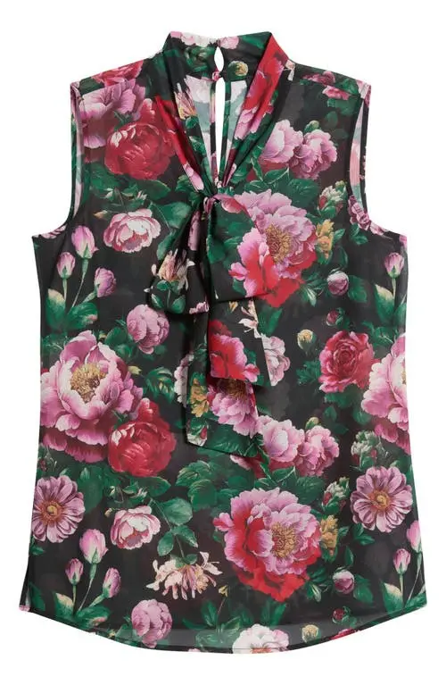 TAHARI ASL Floral Tie Neck Chiffon Top