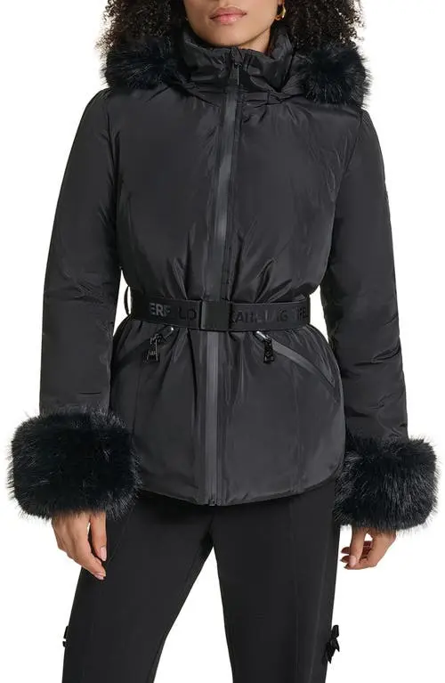 Karl Lagerfeld Paris Faux Fur Trim Hooded Puffer Jacket - Black