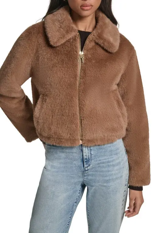 Karl Lagerfeld Paris Bow Puller Faux Fur Jacket - Camel