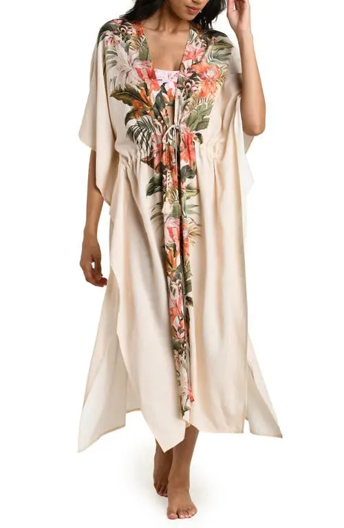 La Blanca Courtyard Palms Tie Waist Kimono Cover-up - Champagne