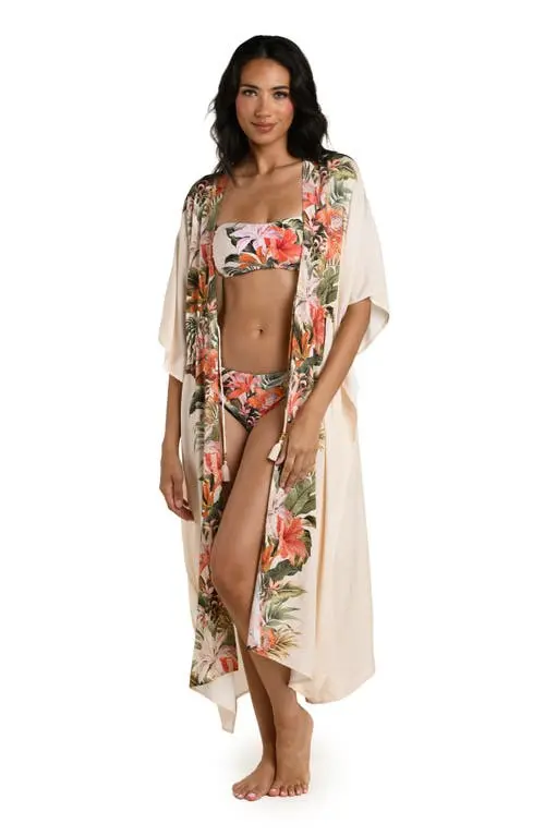 La Blanca Courtyard Palms Tie Waist Kimono Cover-up - Champagne