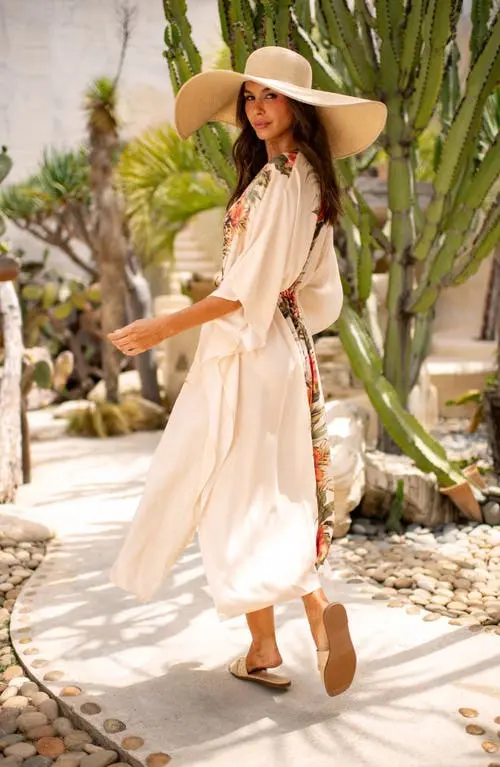 La Blanca Courtyard Palms Tie Waist Kimono Cover-up - Champagne