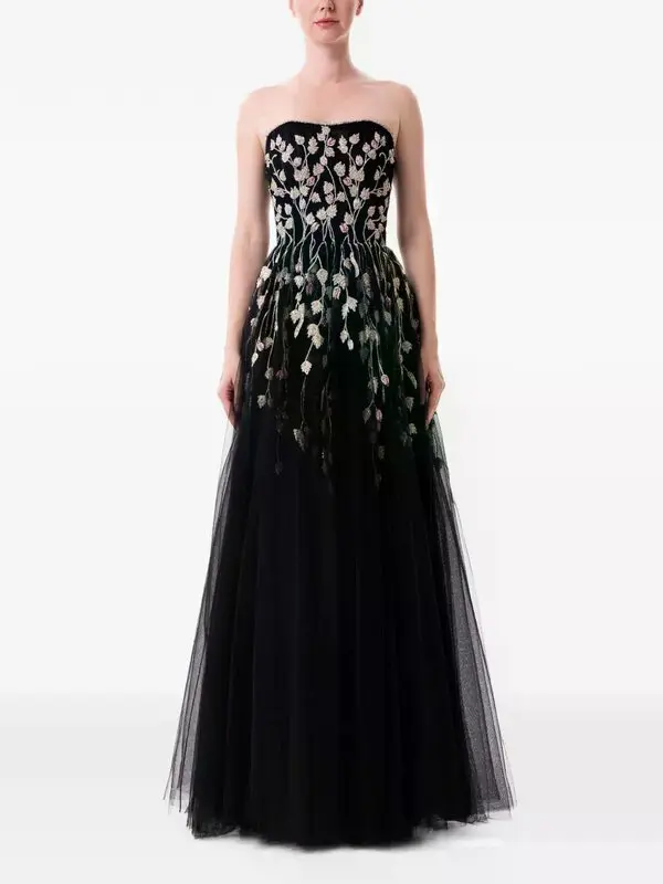 DINA MELWANI Floral-embroidered Strapless Maxi Dress - Black