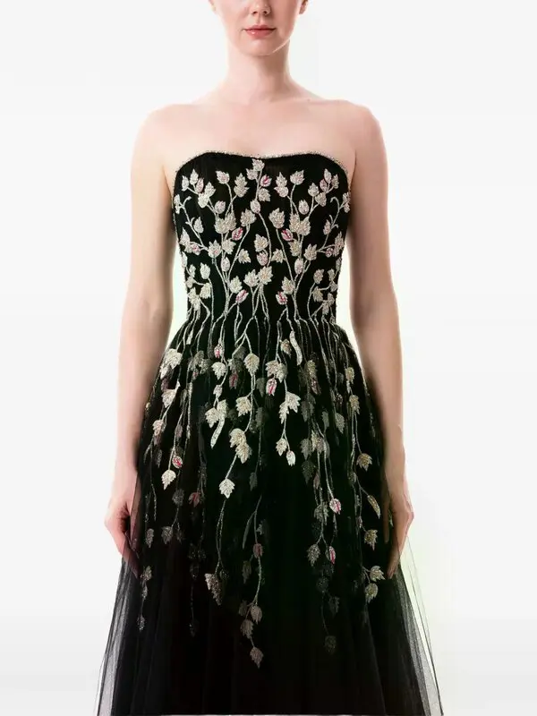 DINA MELWANI Floral-embroidered Strapless Maxi Dress