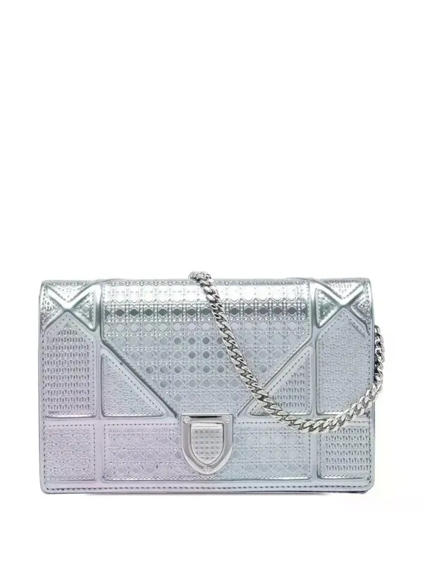 Dior 2019 Metallic Patent Microcannage Diorama Wallet On Chain Crossbody Bag - Silver