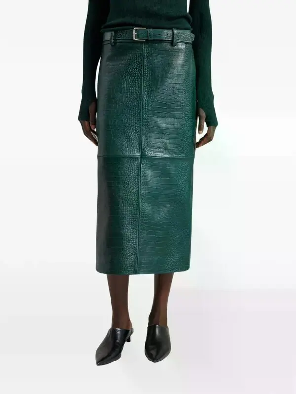 THE FRANKIE SHOP Midi Taney Croc Leather Skirt - Green