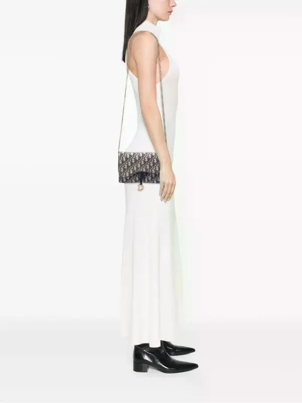 Dior 2023 Oblique Canvas Saddle Pouch Wallet On Chain Crossbody Bag - Blue