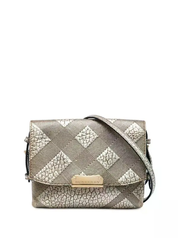 Burberry 2000-2017 Embossed Grain Check Leather Langley Crossbody Bag - Gold