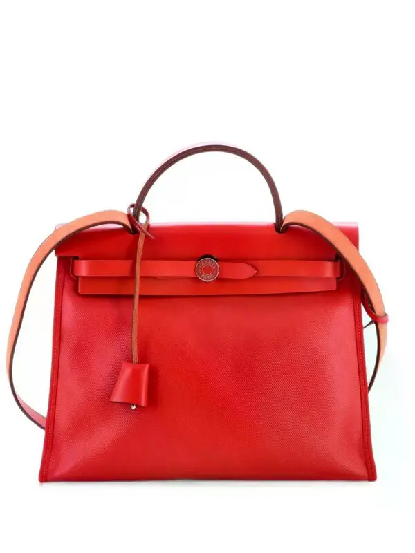 Hermès Herbag Zip Berline Vache Canvas And Leather 31 Shoulder Bag - Red