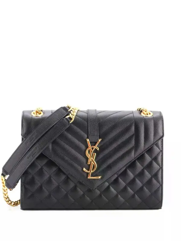Saint Laurent Classic Monogram Envelope Satchel Mixed Matelasse Leather Medium Shoulder Bag - Black