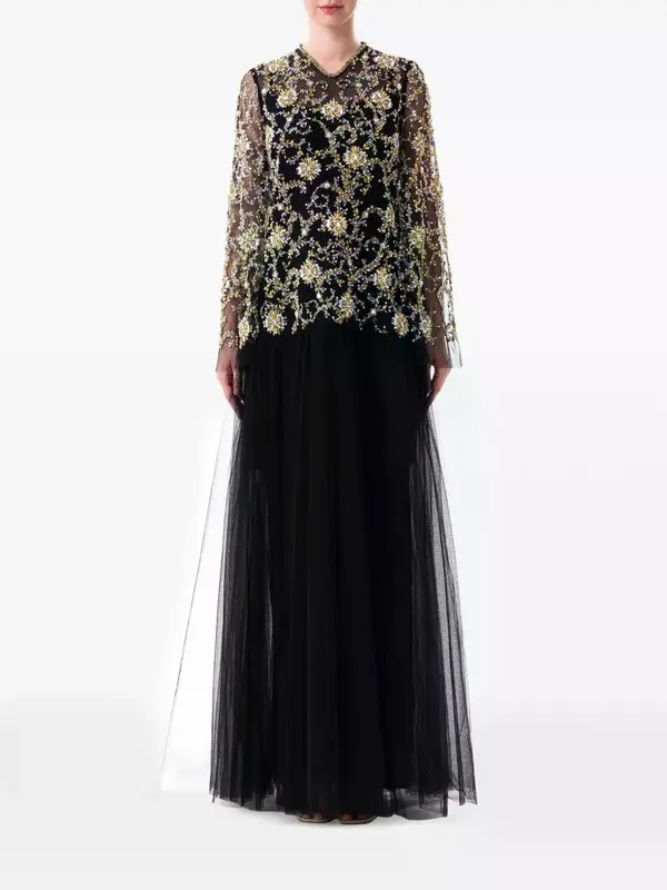 DINA MELWANI Floral-embellished Layered Maxi Dress - Black