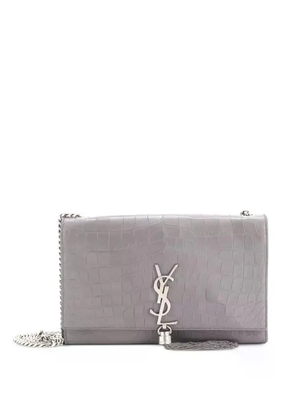 Saint Laurent Classic Monogram Tassel Crocodile Embossed Leather Medium Crossbody Bag - Grey