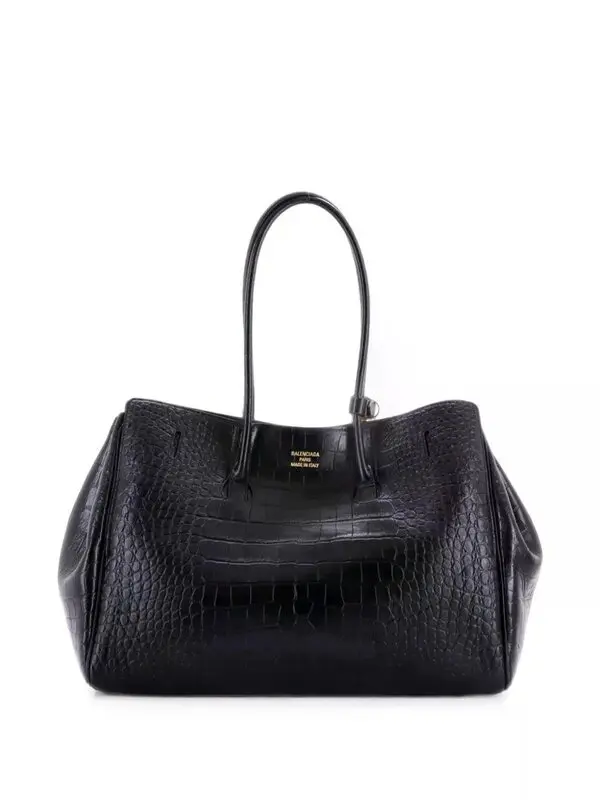 Balenciaga Bel Air Carry All Bag Crocodile Embossed Leather Medium Tote Bag - Black