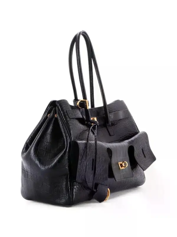 Balenciaga Bel Air Carry All Bag Crocodile Embossed Leather Medium Tote Bag - Black