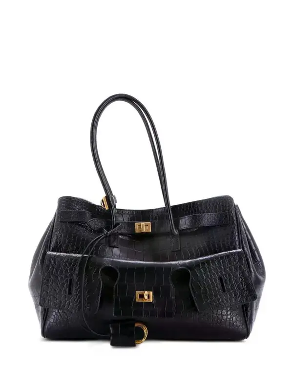 Balenciaga Bel Air Carry All Bag Crocodile Embossed Leather Medium Tote Bag - Black