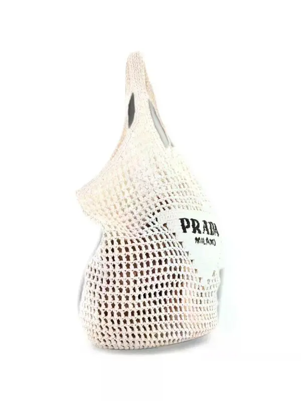 Prada Triangle Logo Tote Raffia Small Bucket Bag - Neutrals