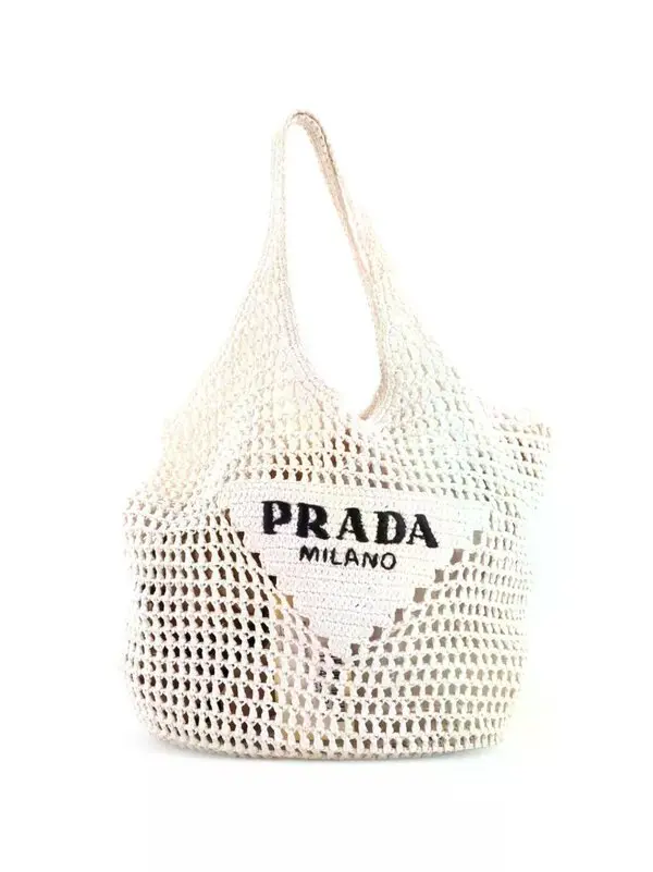 Prada Triangle Logo Tote Raffia Small Bucket Bag - Neutrals