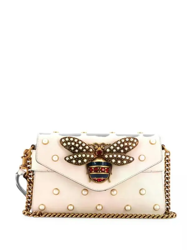 Gucci Broadway Pearly Bee Embellished Leather Mini Shoulder Bag - Neutrals