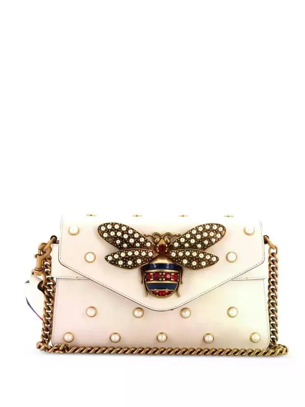 Gucci Broadway Pearly Bee Embellished Leather Mini Shoulder Bag - Neutrals