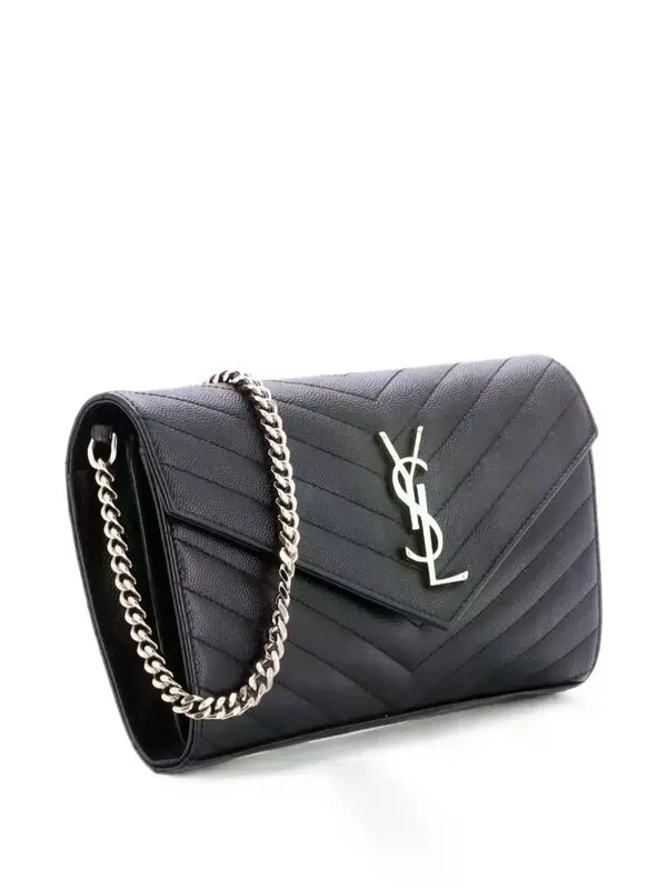 Saint Laurent Classic Monogram Wallet On Chain Matelasse Chevron Leather Medium Crossbody Bag - Black