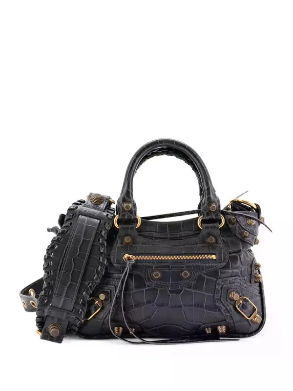 Balenciaga Le Cagole Giant Studs Crocodile Embossed Leather Small Tote Bag - Grey