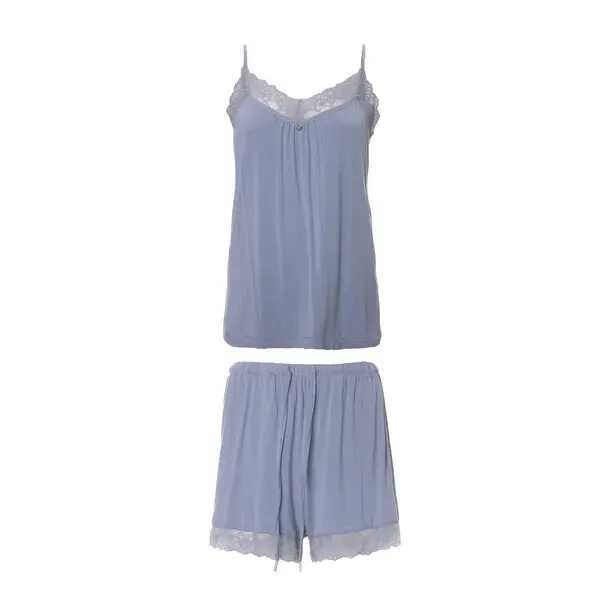 PRETTY YOU Bamboo Lace Cami Short Pyjama Set In Mist - Blue