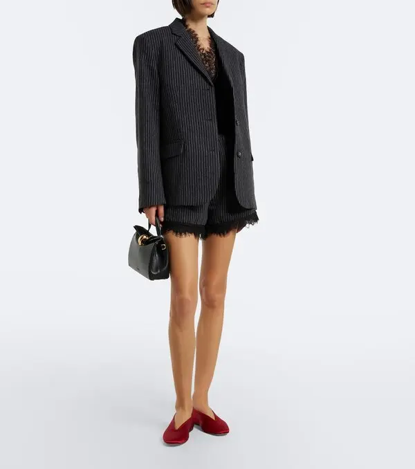 GANNI Lace-trimmed Pinstripe Flannel Shorts