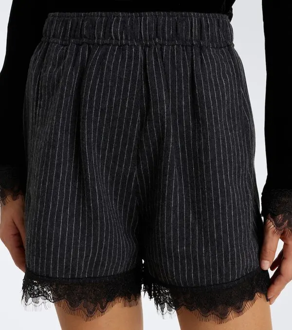 GANNI Lace-trimmed Pinstripe Flannel Shorts