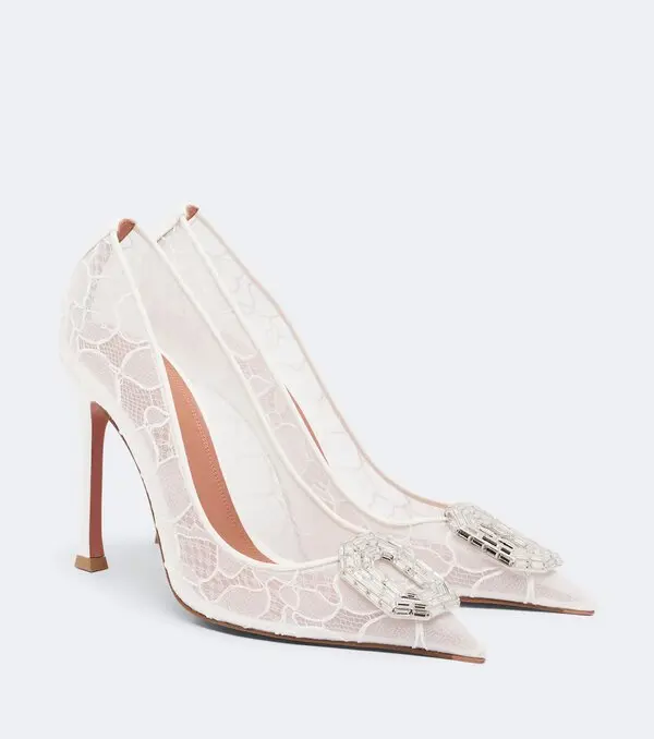 Amina Muaddi Camelia Embellished Lace Pumps - White