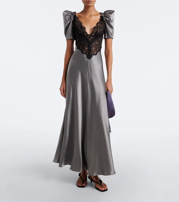 RODARTE Lace-trimmed Silk Satin Gown - Grey