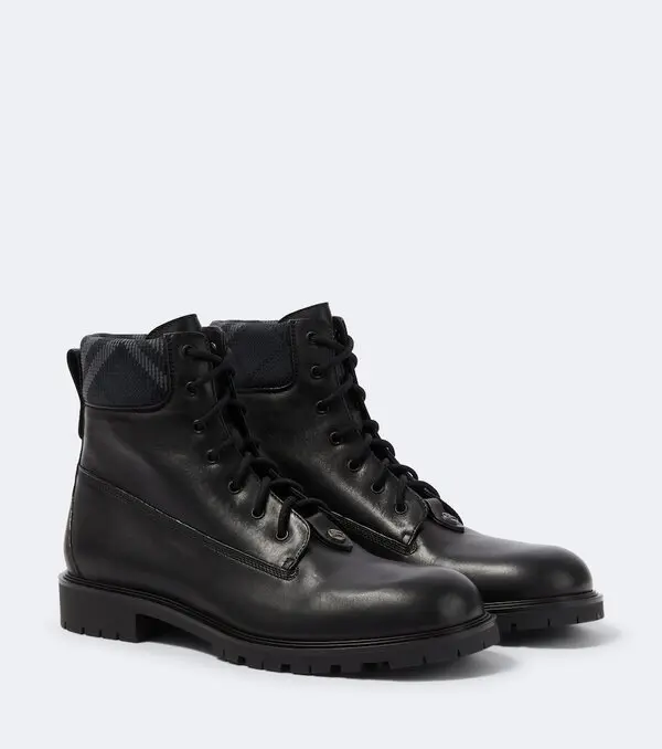 Burberry Check Leather Ankle Boots - Black