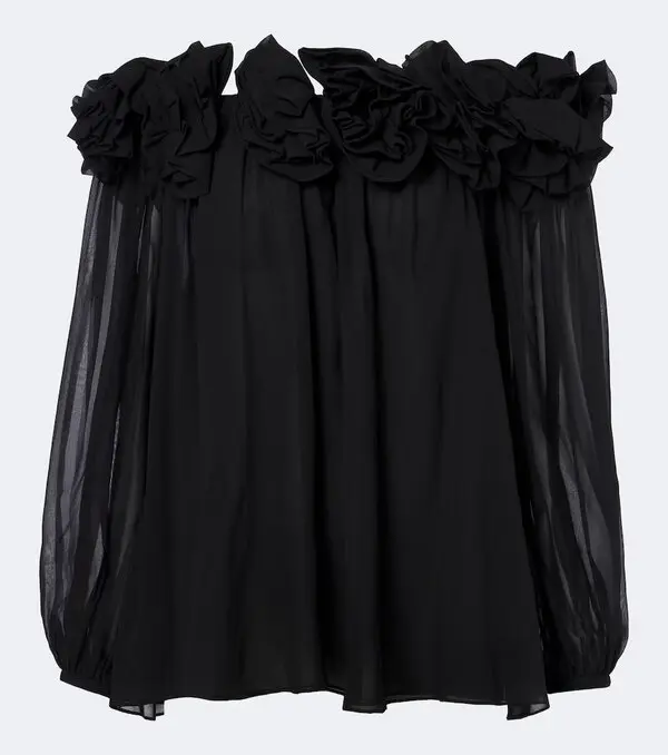 Carolina Herrera Floral-appliqué Gathered Silk Top - Black