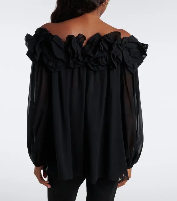 Carolina Herrera Floral-appliqué Gathered Silk Top
