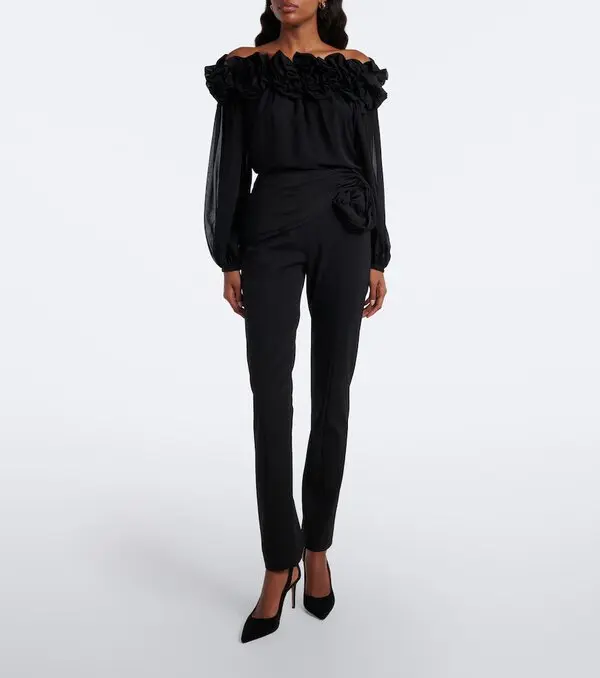 Carolina Herrera Floral-appliqué Gathered Silk Top