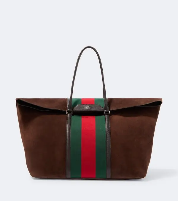 Gucci Web Stripe Suede Tote Bag - Brown