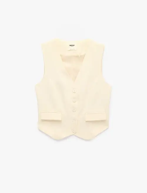 Koton V-neck Button-front Vest With Applique Detailed