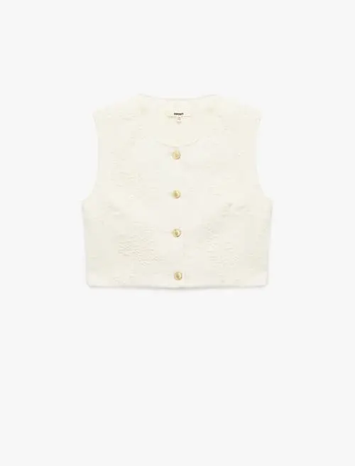 Koton Round Neck Floral Textured Cropped Vest With Jeweled Buttons