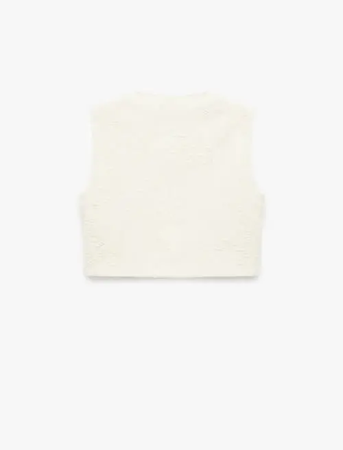 Koton Round Neck Floral Textured Cropped Vest With Jeweled Buttons