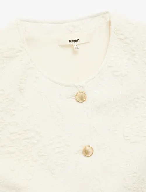 Koton Round Neck Floral Textured Cropped Vest With Jeweled Buttons