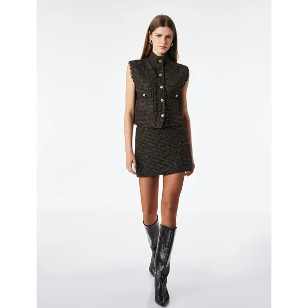 Koton Funnel Neck Tweed Vest With Button And Pocket