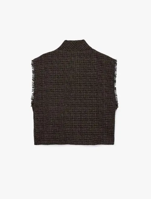 Koton Funnel Neck Tweed Vest With Button And Pocket
