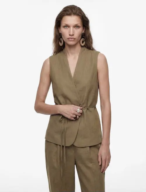 Koton Linen Blend V-neck Tailored Vest With Belt