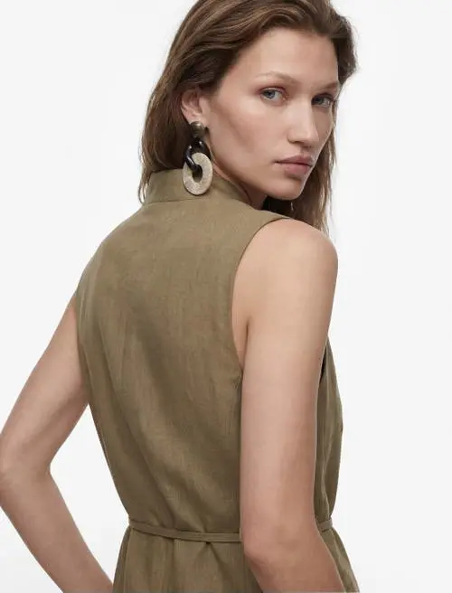 Koton Linen Blend V-neck Tailored Vest With Belt