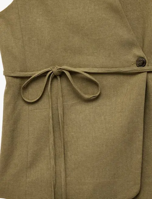 Koton Linen Blend V-neck Tailored Vest With Belt