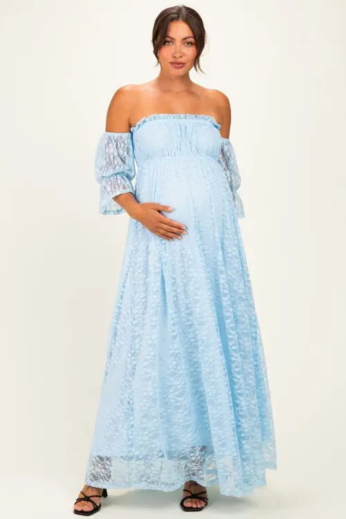 PINKBLUSH Lace Off Shoulder Maxi Dress