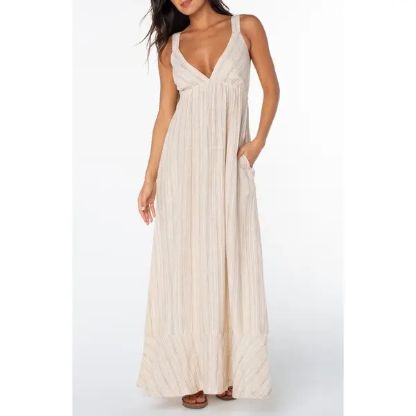 Roxy Wilder Coast Striped Cotton Maxi Dress - Doeskin