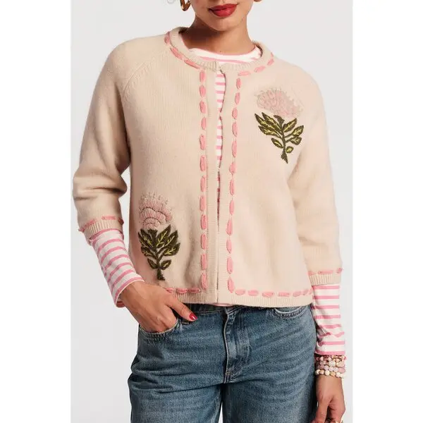 FRANCES VALENTINE Border Flower Cardigan Heirloom Floral - Oyster/multi