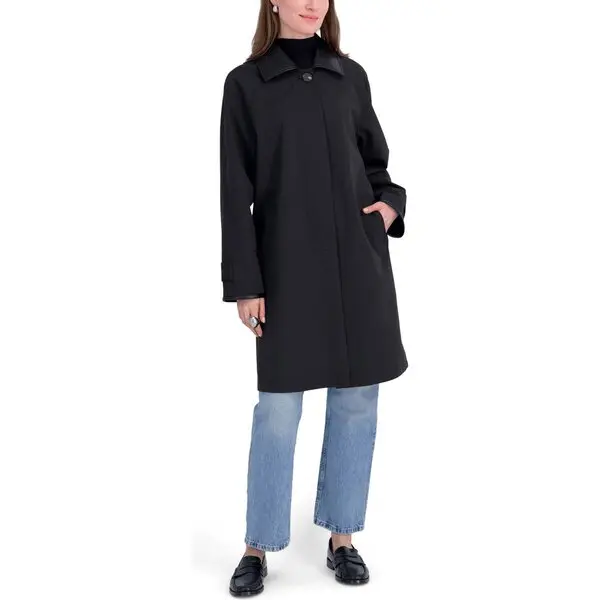 Tahari Ingrid Faux Leather Trim Rain Coat - Blk